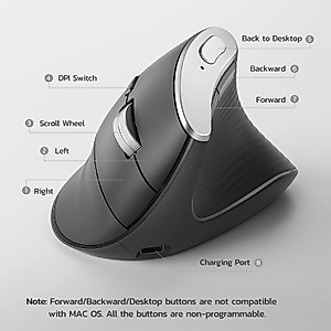 Wireless Vertical Mouse, Advanced Ergonomic Mouse Reduces Muscle Strain, 2400 DPI, USB C Rechargeable, 3 Device Connection (Bluetooth or USB), Compatible for PC, Laptop, iPad, Mac, Windows, Grey