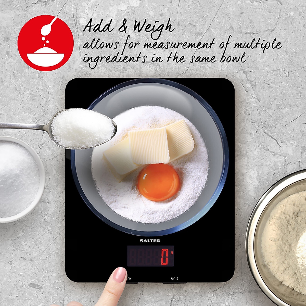 Salter Digital Platform Seen on TV, Stylish Glass Design, Electronic Cooking Scale for Home + Kitchen, Weigh Food 5kg + Liquids in ml and fl. Oz, 5 kg Capacity, Black