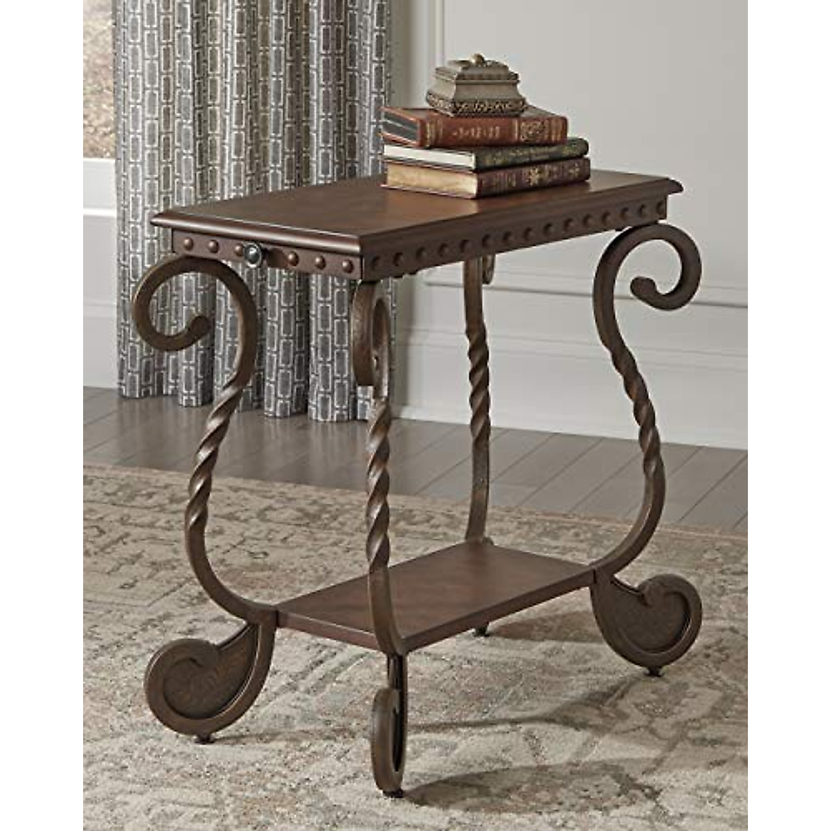 Signature Design by Ashley Rafferty Vintage Inspired Rectangular Open Chairside End Table, Dark Brown