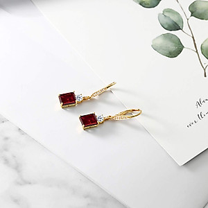 Gem Stone King 18K Yellow Gold Plated Silver Red Garnet and White Topaz Dangle Earrings For Women (5.88 Cttw, Gemstone January Birthstone, Octagon 9X7MM)