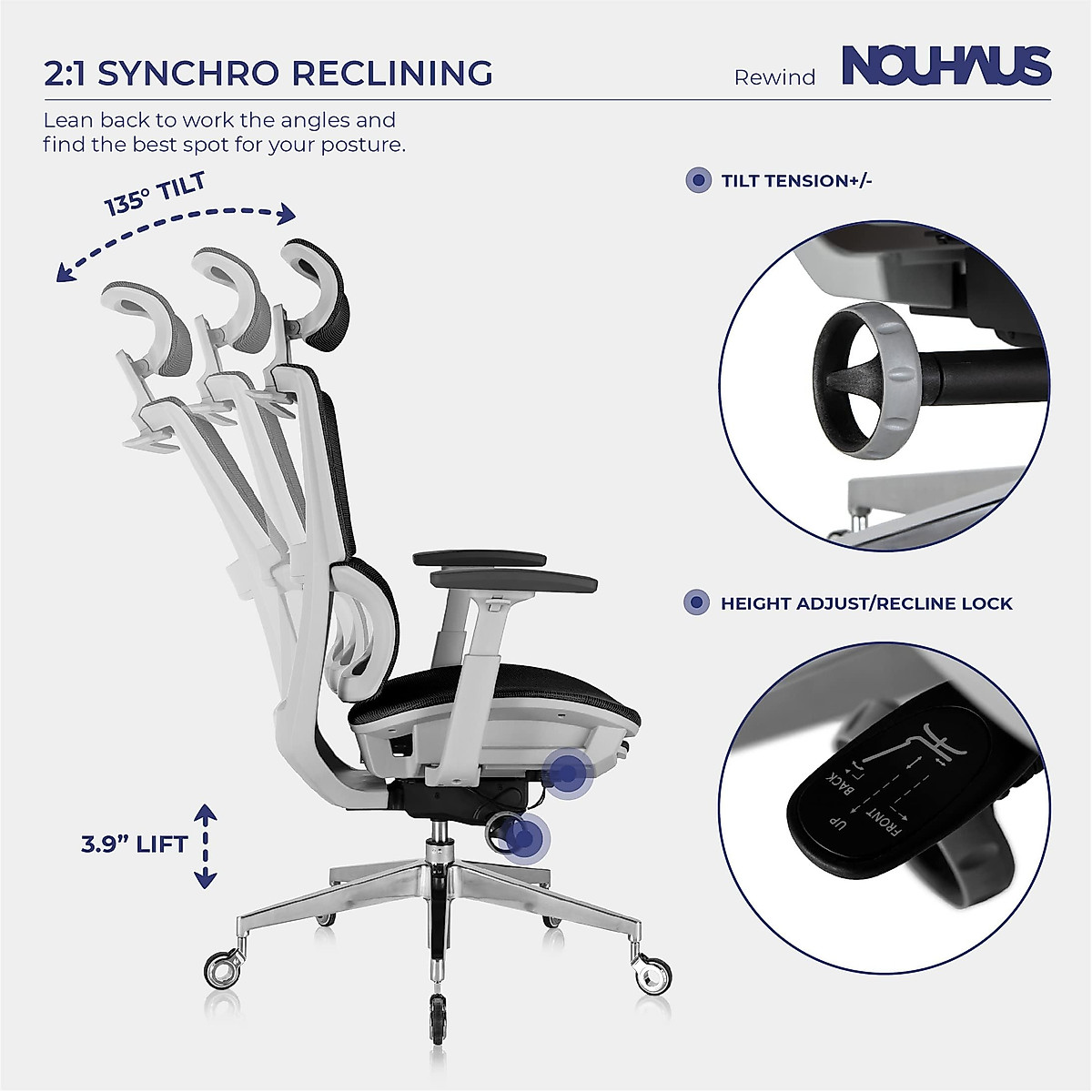 Nouhaus Rewind Ergonomic Office Chair with Footrest and Lumbar Support. Swivel Computer Chair, Rolling Home Office Desk Chairs with Wheels, Mesh High Back Task Chair, Comfortable Office Chair (Navy)