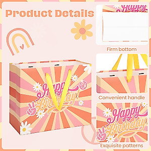 Large Groovy Happy Birthday Gift Bag with Card and Tissue Paper Boho Hippie Birthday Party Favors Daisy Flower Birthday Gift Wrap Bag with Handles for Retro Birthday Baby Shower Party Supplies