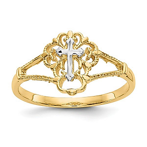 Size 7 - Solid 14k Gold Two-Tone Diamond-Cut Cross Ring (2mm)