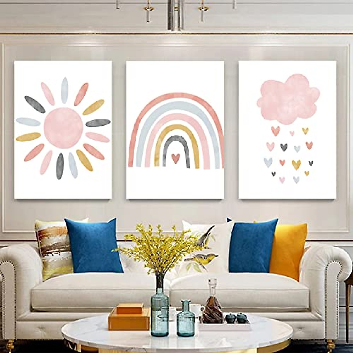 Nicjoy Pink Cloud Sun Rainbow Poster Nursery Wall Art Print Child Canvas Painting Nordic Pictures Kids Room Home Decor 3Psc/set (8x12inchx3(20x30cmx3),No Frame)