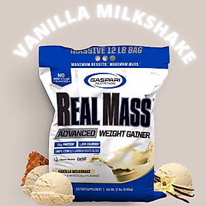 Gaspari Nutrition Real Mass, Advanced Weight Gainer, High Protein, Gycofuse Carbs, and Creatine Monohydrate, Modern Formulation for Mass (12 Pounds, Vanilla Milkshake)