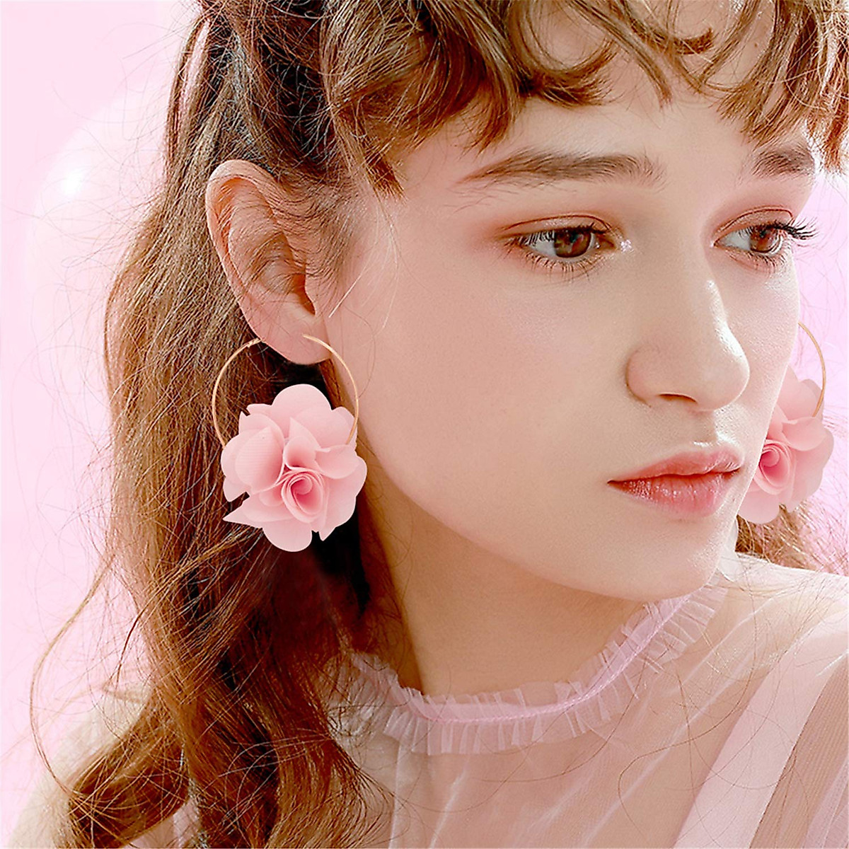 DAMLENG Lightweight Bohemian Big Fabric Flowers Dangle Drop Earrings Handmade Charm Chic Petal Hoop Earrings with Chiffon Floral Tassel for Women Vacation Wedding (Pink)