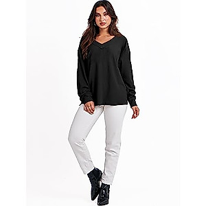 ANRABESS Women’s Casual Long Sleeve Sweatshirt V Neck Off Shoulder Shirt Loose Baggy Comfy Knit Pullover Sweaters Tunic Top 2023 Fall Clothes A1069heise-XL Black