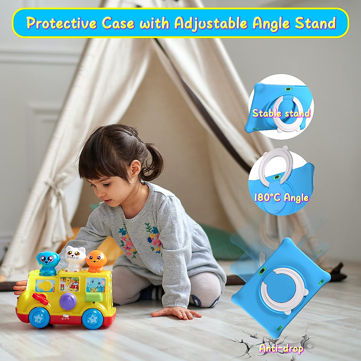 SGIN Tablet for Kids, 2GB RAM 32GB ROM 10 Inch Kids Tablet Android 12 with Case with Parental Control APP, Dual Camera, WiFi, Educational Games，iWawa Pre Installed, Blue