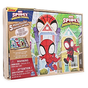 Disney Junior Marvel Spider-Man Spidey Amazing Friends - Set of 5 Wood Puzzles with Storage Box for Kids - Ages 4 and Up