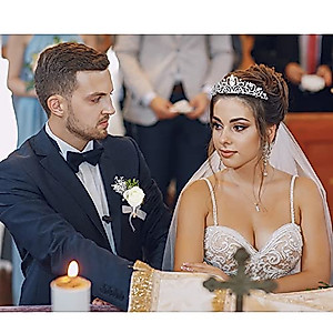 AOPRIE Corsage and Boutonniere Set Tear Drop Gemstone Tiara and Crown for Women Bride Flower Wristlet Band Bracelet of Wedding Accessories Man Suit Decorations Favor Gift