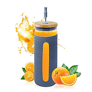 ZKA Global 24 Oz Reusable Boba Cup with Bamboo Lid | 2 Straw With Silicon Tip and Cleaning Brush | Smoothie cup glass tumbler with straw and lid bamboo | Glass Boba Cup with Sleeve