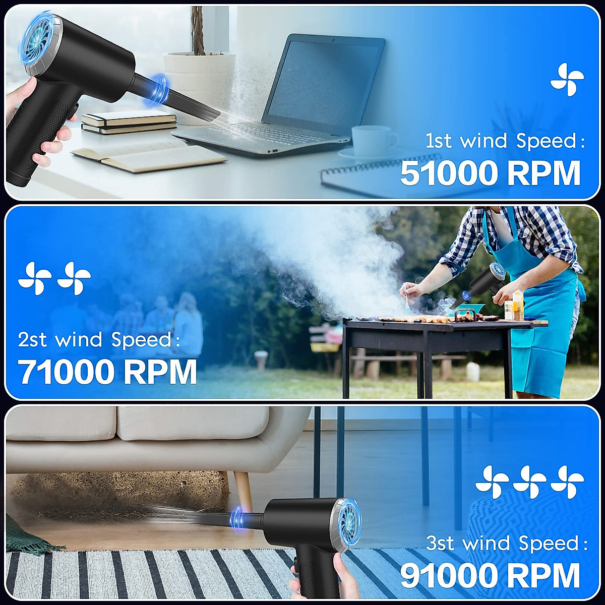 Kairiyard Compressed air Duster, Electric Air Duster 9000mAh 91000RPM Good Replace Compressed air can, Rechargeable Portable Cordless Air Duster Can for Computer Keyboard Electronics Car Cleaning