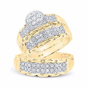 14kt Yellow Gold His Hers Round Diamond Cluster Matching Wedding Set 1 Cttw Womens Size 9.5 Mens Size 10