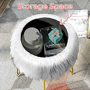 GREENSTELL Vanity Stool Chair with Storage, 13.5" W x 18" H Round Faux Fur Ottoman with 4 Metal Legs, Furry Padded Seat, Modern Multifunctional Makeup Stool for Bedroom Living Room White