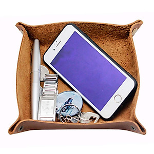 boshiho Valet Tray for Men, Leather Jewelry Catchall Key Phone Coin Box Change Caddy Bedside Storage Box (Crazy Horse Leather - Light Brown)