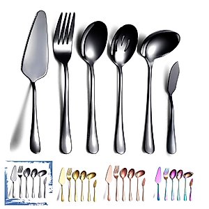 HOMQUEN 6-Piece Black Serving Flatware Silverware Set,Stainless Steel Serving Utensil Set,Include Cake Server, Slotted Serving Spoon, Serving Spoon, Cold Meat Fork, Butter Knife, Soup Ladle