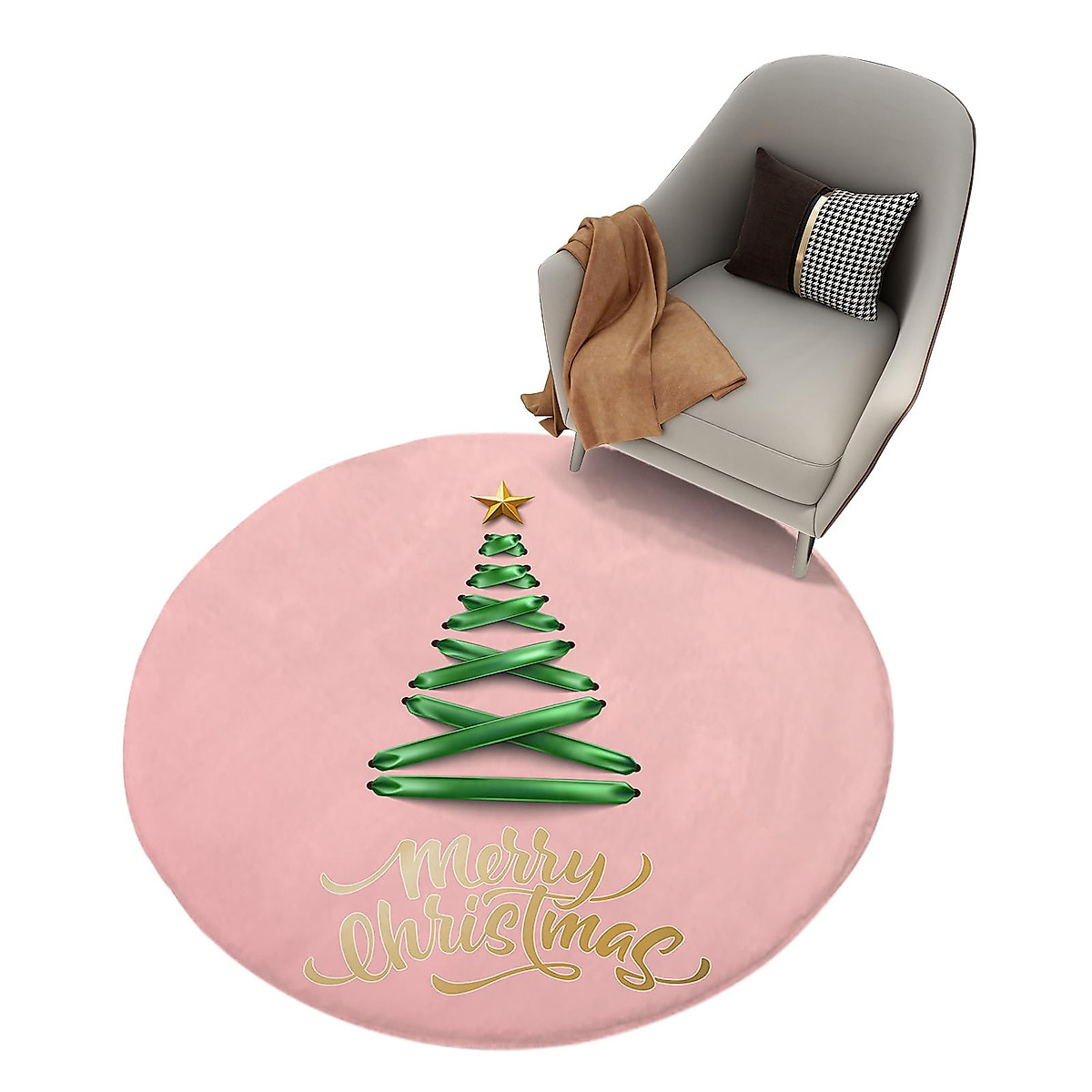 Christmas Fluffy Round Area Rug Carpets 5ft,Plush Shaggy Carpet Soft Circular Rugs,Non-Slip Fuzzy Accent Floor Mat for Living Room Bedroom Nursery Home Decor Geometric Abstract Contemporary Tree Pink