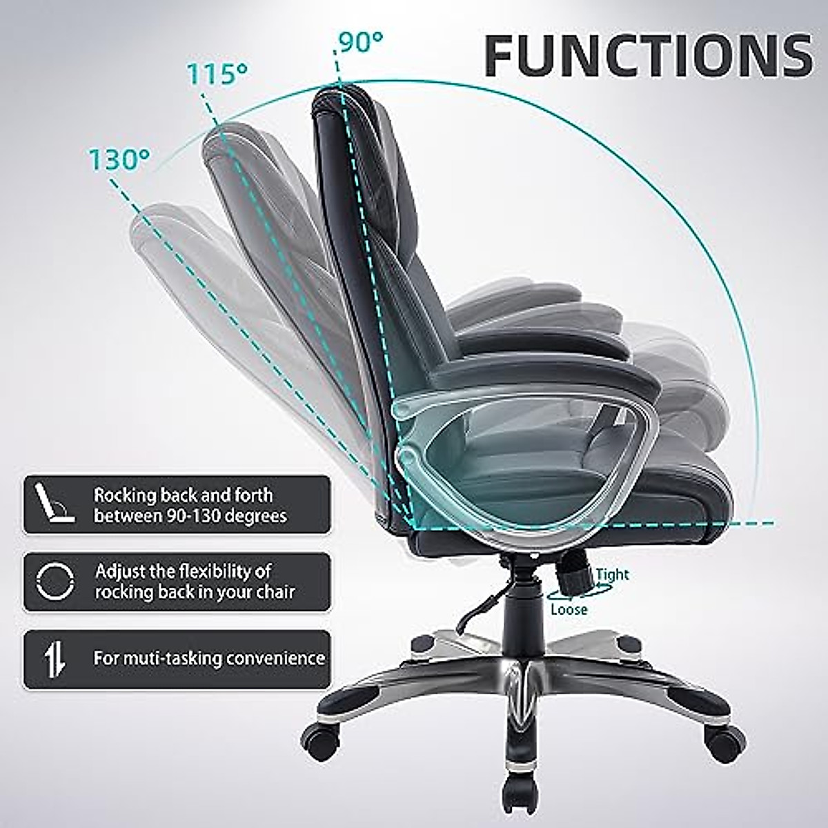 ICOMOCH Modern Soft Leather Ergonomic Executive Computer Boss Padding Armrest Swivel Desk Office Chair, Large, Black