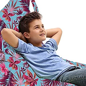 Ambesonne Summer Lounger Chair Bag, Hawaiian Art Jungle Blossoms Hibiscus Tropical Palm Leaves Aloha, High Capacity Storage with Handle Container, Lounger Size, Dark Magenta and Sky Blue