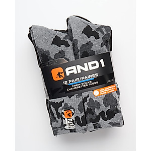 AND1 Men's Athletic Arch Compression Cushion Comfort Crew Socks (12 Pack), Size 6-12.5, Black Camo