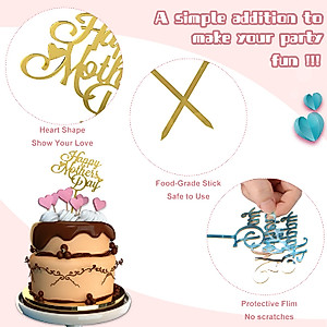 Happy Mother's Day Cake Topper, 10 Pieces Acrylic Mother's Day Cupcake Topper with Love Heart, Cake Picks Cake Decoration for Mom Day Birthday Party Supplies (Gold & Pink)