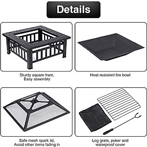 Anraja Fire Pit 32'' Wood Burning Firepit Metal Square Outdoor Fire Tables Steel BBQ Grill Fire Pit Bowl with Spark Screen Cover, Poker Log Grate for Patio Bonfire Camping Backyard Garden Picnic