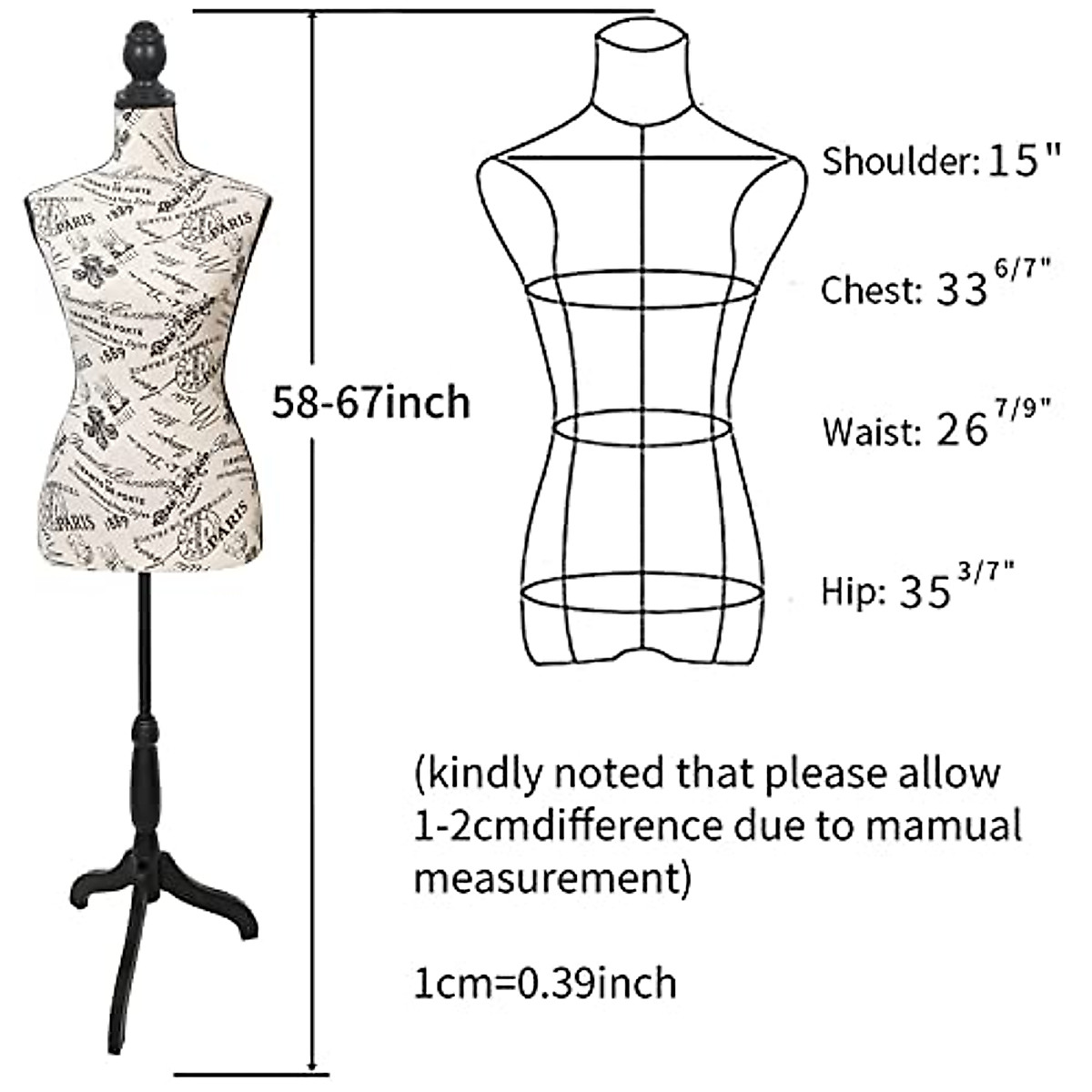 Sewing Mannequin Torso Dress Form, Female Manikin Body with Tripod Base Stand, Adjustable Clothing Foam Form 58-67 inch Height, for Dressmakers Dress Jewelry Display, Crowns