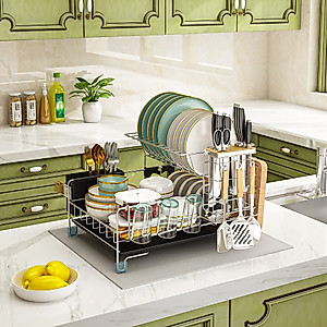 slhsy Dish Drying Rack, Stainless Steel 2-Tier Dish Rack with Cup Holder Utensil Holder Cutting Board Holder Knife Holder Drain Board for Kitchen Counter