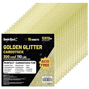 Golden Glitter Cardstock Paper, 15 Sheets 12" x 12" 300gsm/110Ib Square Colored Card Paper for Crafts DIY Projects Card Making Birthday Wedding Decoration UAP21GD15