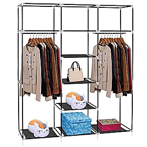 GOODSILO 69 inch Tall Portable Wardrobe Closet Clothes Organizer Clothing Storage with 2 Side Hanging Rod and 12 Storage Shelves and Non-Woven Fabric Cover for Bedroom, Home, Apartment, Dorm Black
