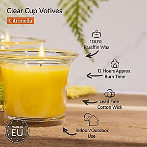 HYOOLA Clear Cup Scented Votive Candles - Citronella - 12 Hour Burn Time - 4 Pack - European Made