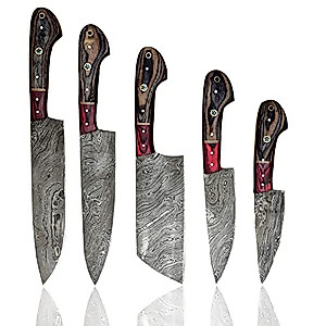 Hand Forged Chef Knives Kitchen Set Damascus Steel Knives Handmade Knife Set,Professional Chef Knives Set Vegetable Meat Cooking Knife Tools Accessories with Beige Solid Wood Handle,5 Pieces Set Knife