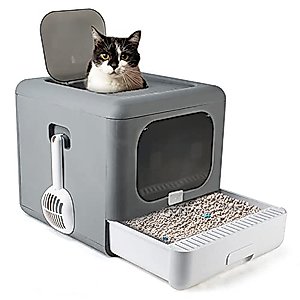 Fhiny Foldable Cat Litter Box with Lid, Enclosed Drawer Kitty Litter Pan Front and Top Entry Door Cat Potty with Plastic Scoop Anti-Splashing No Smell Easy to Scoop