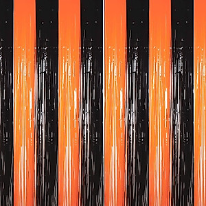 Dazzle Bright 4 Pack Backdrop Curtain, 3FT x 8FT Metallic Tinsel Foil Fringe Curtains Photo Booth Background for Baby Shower Birthday Wedding Halloween Party Decorations (Orange and Black)