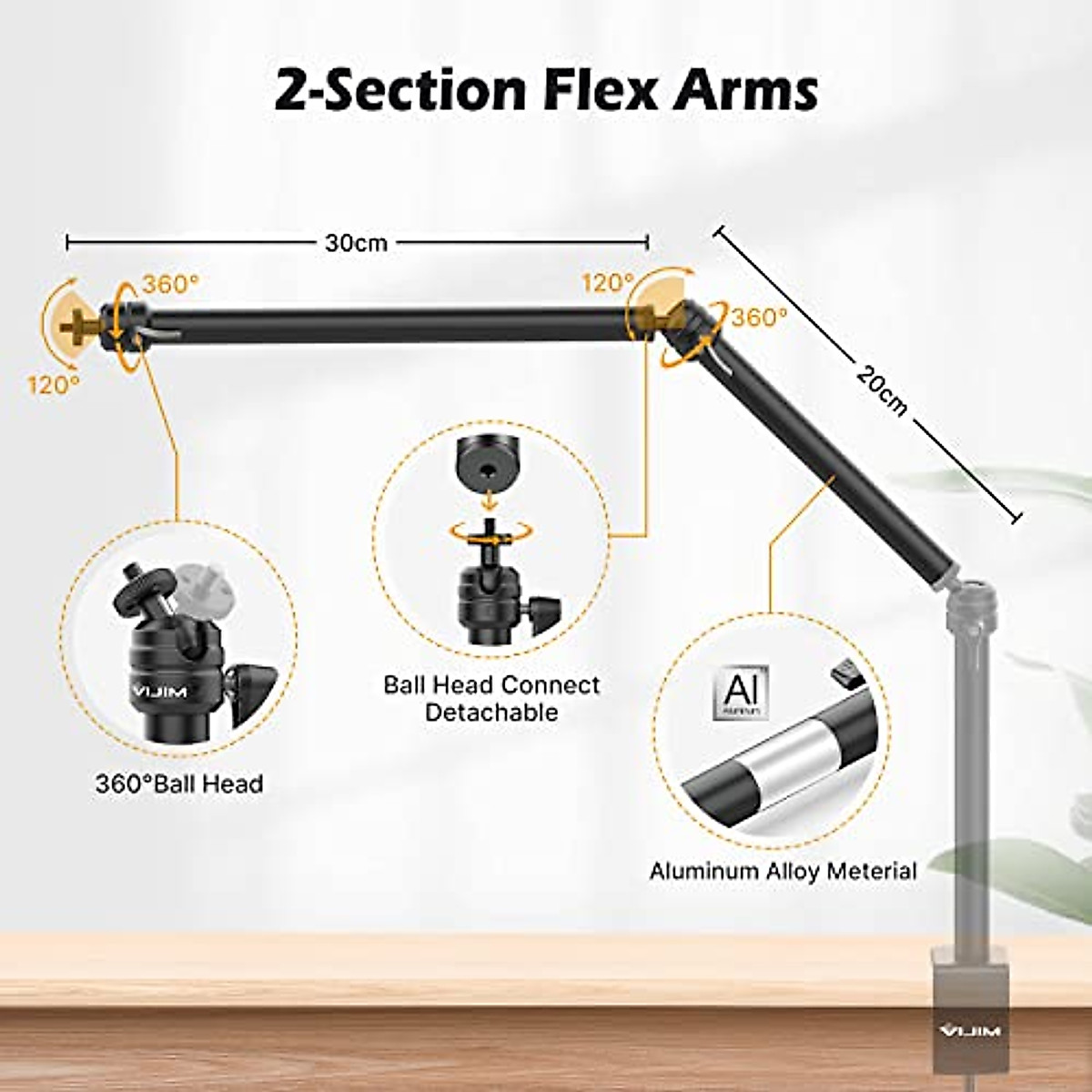 PICTRON VIJIM LS06 Flexible Arm Detachable 2-Section Magic Arm with 1/4" Interface Mount on Any Camera Desk Mount Stand for Overhead Shooting