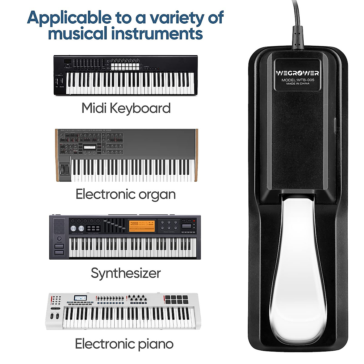 Sustain Pedal Universal with Polarity Switch by Wegrower for Keyboards, Digital Piano, MIDI and Synthesizer