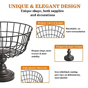 Black Fruit Basket for Kitchen, 2 Pack Metal Fruit Bowl for Kitchen Counter, Decorative Black Wire Baskets with Detachable Non-Slip Pedestal, Fruit Holder for Vegetable Bread Storage (11” & 8.7 “)