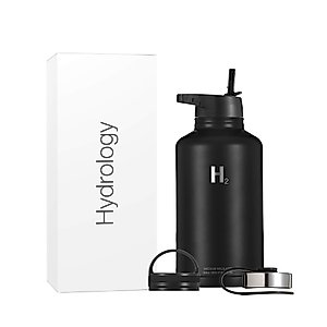 H2 HYDROLOGY Water Bottle - 18 oz, 22 oz, 32 oz, 40 oz, or 64 oz with 3 LIDS Double Wall Vacuum Insulated Stainless Steel Wide Mouth Sports Hot & Cold Thermos (64 oz, Black)