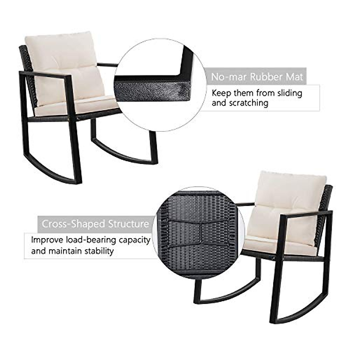 Flamaker Patio Chairs 3 Piece Wicker Rocking Chair Outdoor Bistro Sets with Coffee Table and Cushions Metal Frame Patio Furniture for Porch, Balcony, Lawn (White)