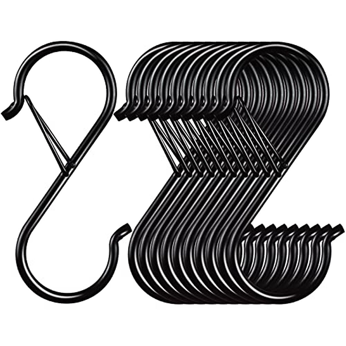 18 Pack S Hooks for Hanging, 3.5 Inch Heavy Duty Black S Hooks with Safety Buckle Design, S Shaped Hooks for Pot Rack, Closet Rod, Hanging Clothes, Kitchen Utensil, Plants, Bags, Towels