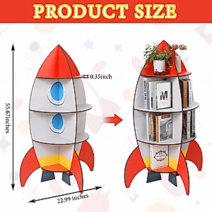 Lineshading Space Rocket Bookshelf Kids 4 Tier Wooden Toy Storage Organizer Display Cabinet Bookshelf Baby Toddler Book Shelves Book Rack for Girl Boy Playroom Classroom Nursery Living Room