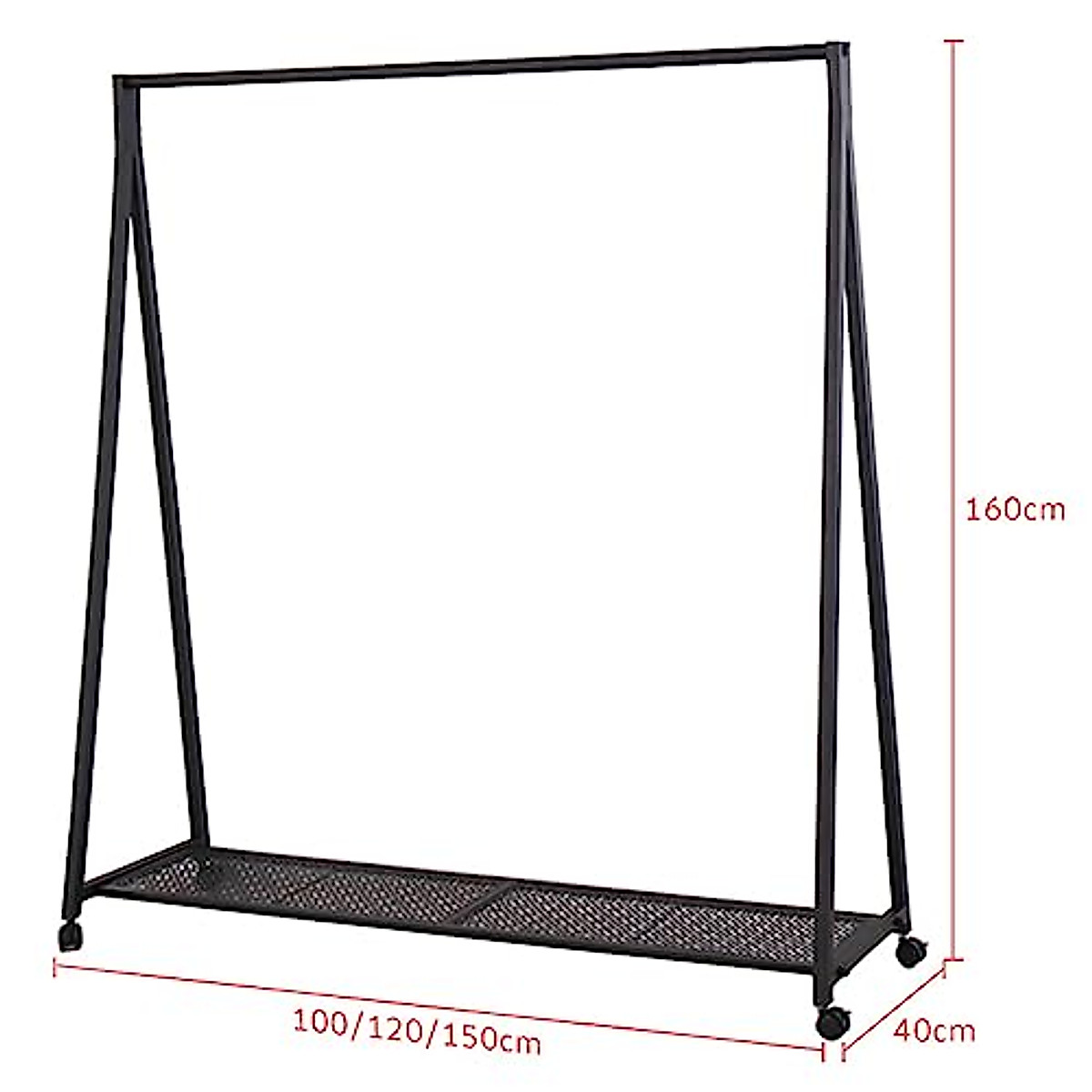 Garment Rack Single-Rail Metal Clothing Rack for Bedroom, Heavy-Duty Clothes Rail on Wheels, Freestanding Clothes Display Rack with Storage Shelf, Retail Store, Black(Size:100X40X160CM)