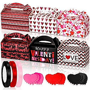Whaline 24 Pack Valentine's Day Treat Boxes Kit Hearts Goody Box with 24Pcs Heart Cards and 3 Rolls Ribbons Cookie Holder Red Black Pink Candy Container Box for Valentines Girls Party Favors