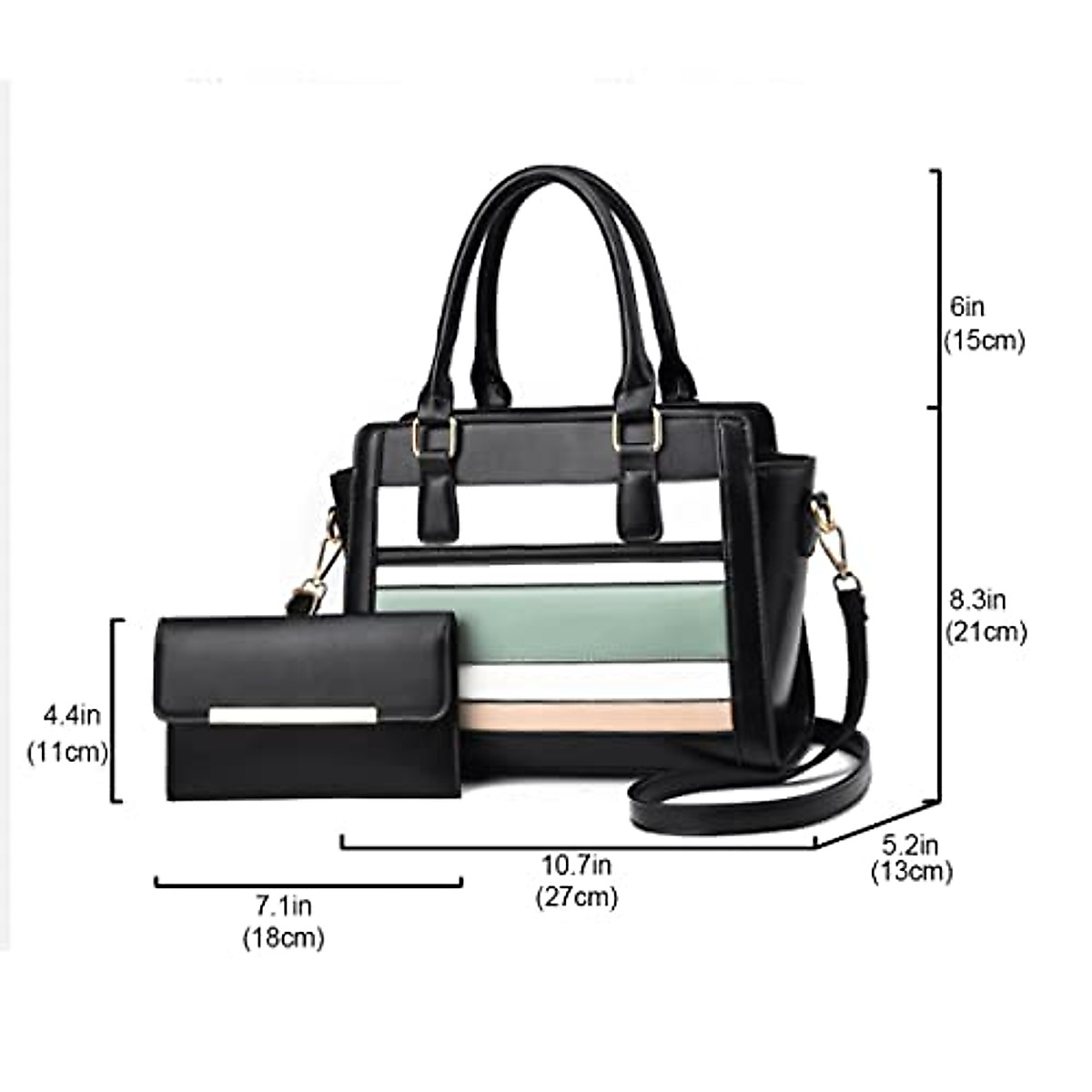 ZiMing® Handbag Set for Women Faux Leather Tote Bag Top Handle Bag Stripe Splicing Purse Wallet Clutch 2Pcs Set-Green