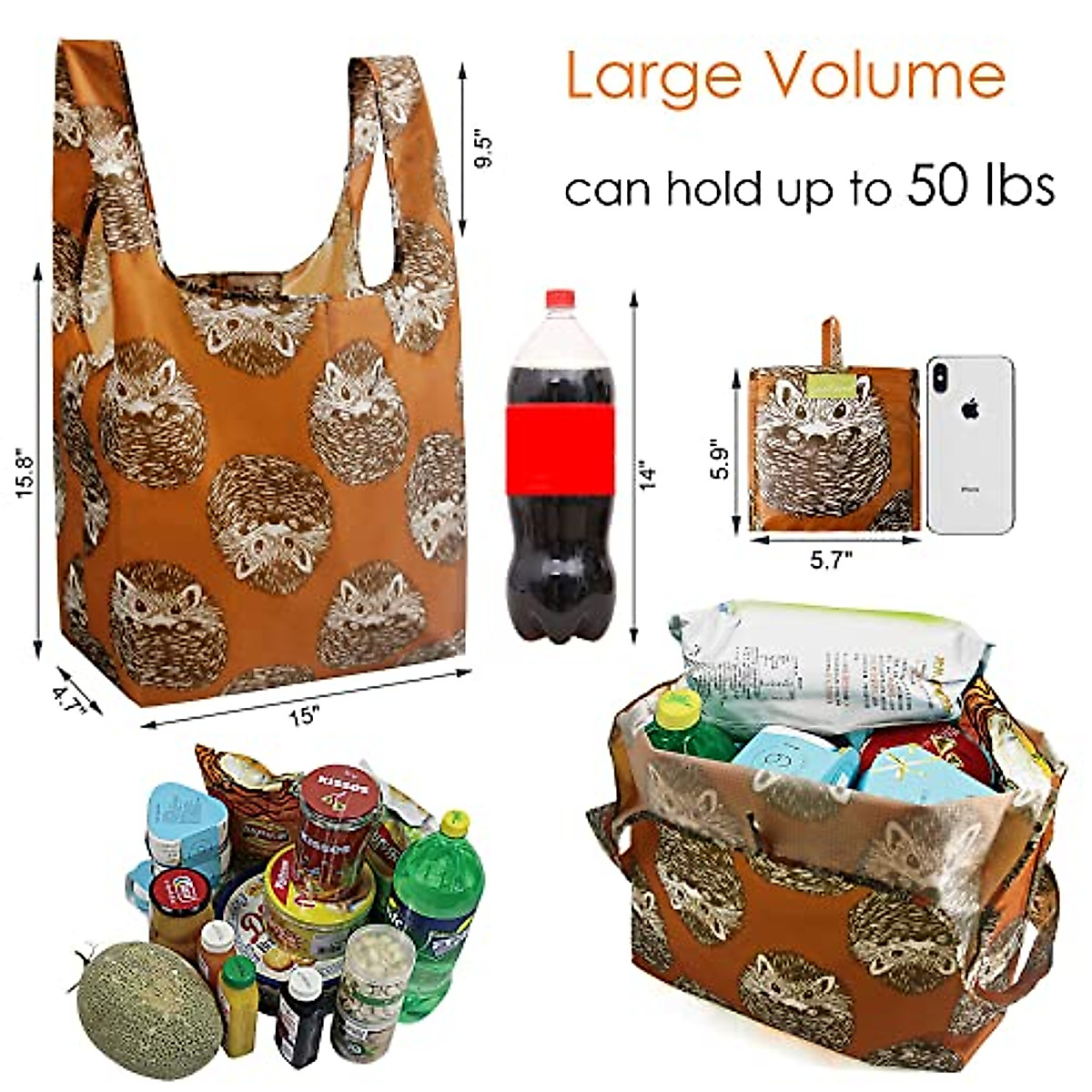 BeeGreen 6 Packs Animals Reusable Grocery Bags Reusable Shopping Bags For Groceries Foldable Washable Nylon X-Large Grocery Tote Bags For Women Men Christmas