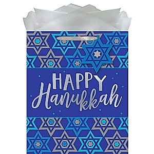 Stunning Blue Happy Hanukkah Large Gift Paper Bag (12" x 10" x 5")- Pack of 1 | Perfect for Presents & Celebrations