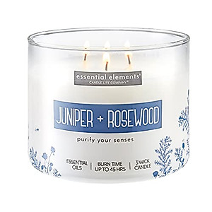 Essential Elements by Candle-lite Scented Candles, Juniper and Rosewood Fragrance, One 14.75 oz. Three-Wick Aromatherapy Candle with 45 Hours of Burn Time, Off-White Color