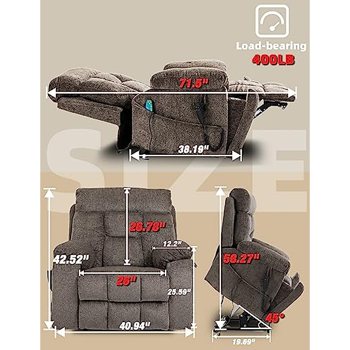 Cobplns 26 in Extra Wide Recliner&Overstuffed Chair, 400lb Weight Capacity 180° Adjustment Comfort Large Recliner & Lift Chair with Water Cup Holder, Full Body Massage, Lumbar Heating(Grey)