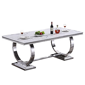 Maotifeys 70" White Marble Dining Table, Rectangle Marble Top, Silver U-Shape Stainless Steel Pedestal, Mid-Century Modern, 70" x 35" x 30"