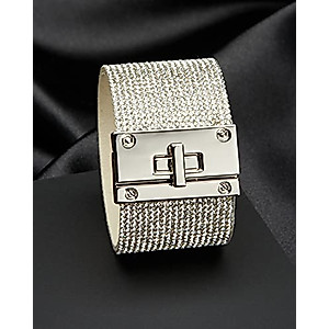 Badgley Mischka Women's Bracelet - Crystal Studded Leatherette Box Clasp Bangle Cuff Wrap Wristband, White
